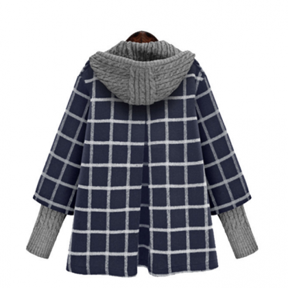 Fashion Cap Grid Cloth Coat Loose Woolen Cloth Coat on Luulla