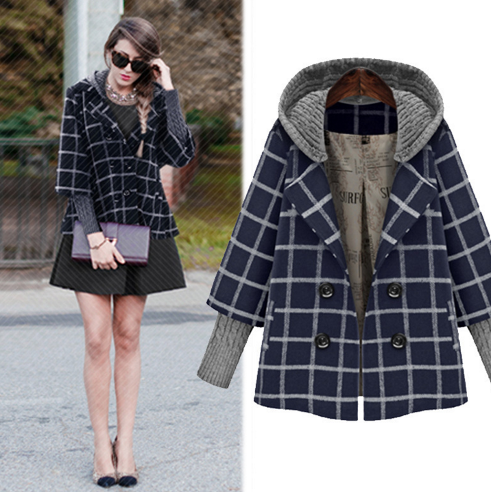 Fashion Cap Grid Cloth Coat Loose Woolen Cloth Coat on Luulla