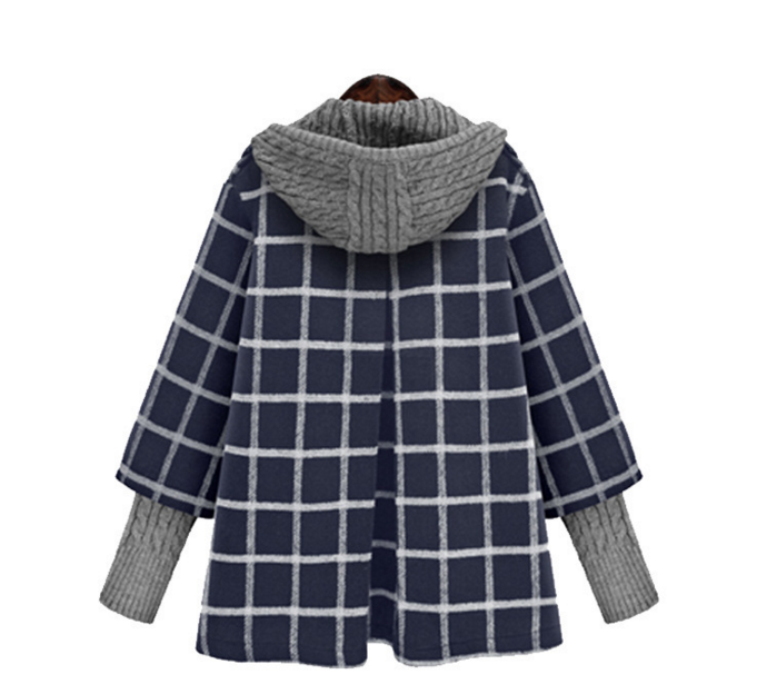 Fashion Cap Grid Cloth Coat Loose Woolen Cloth Coat on Luulla